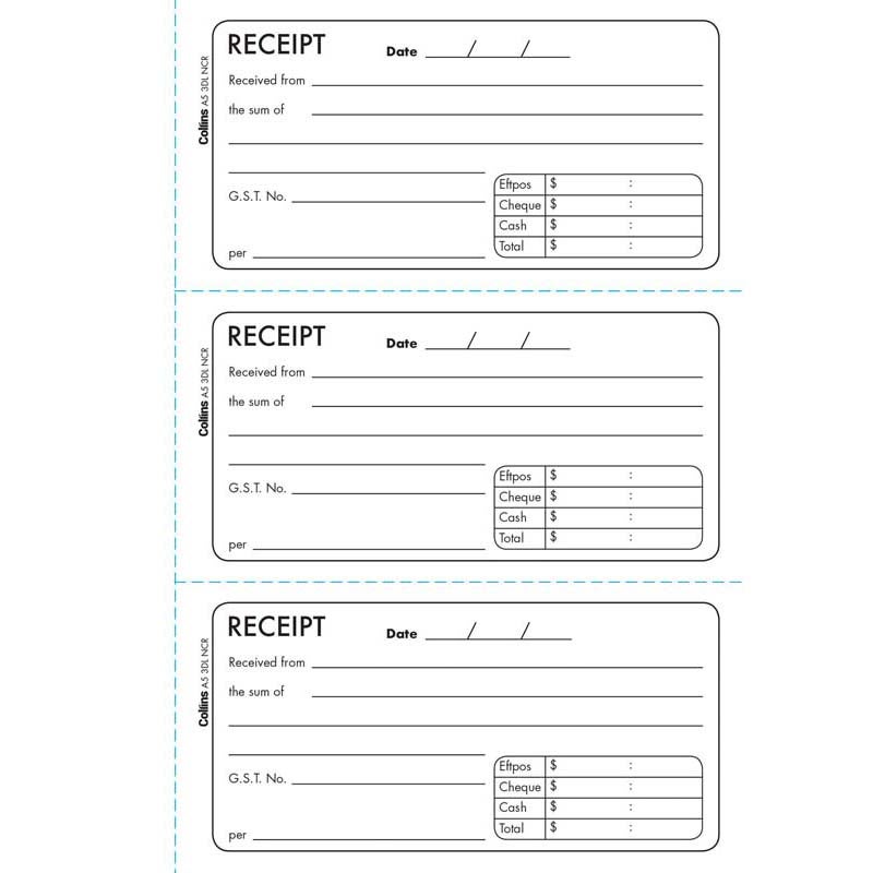 Collins Cash Receipt A5 3DL Duplicate No Carbon Required | Paper Plus