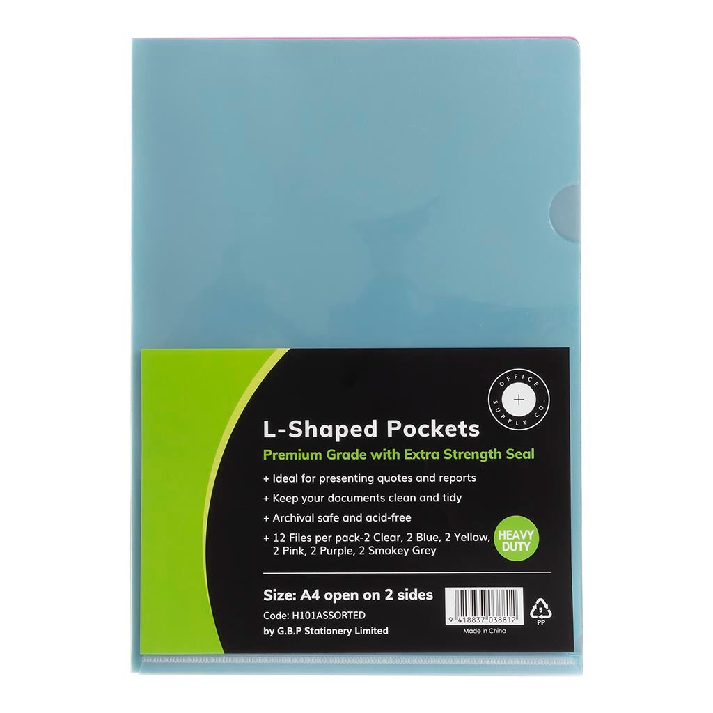 Okin A4 L-Shaped Pockets, Assorted Colours, 12 Pack | Paper Plus