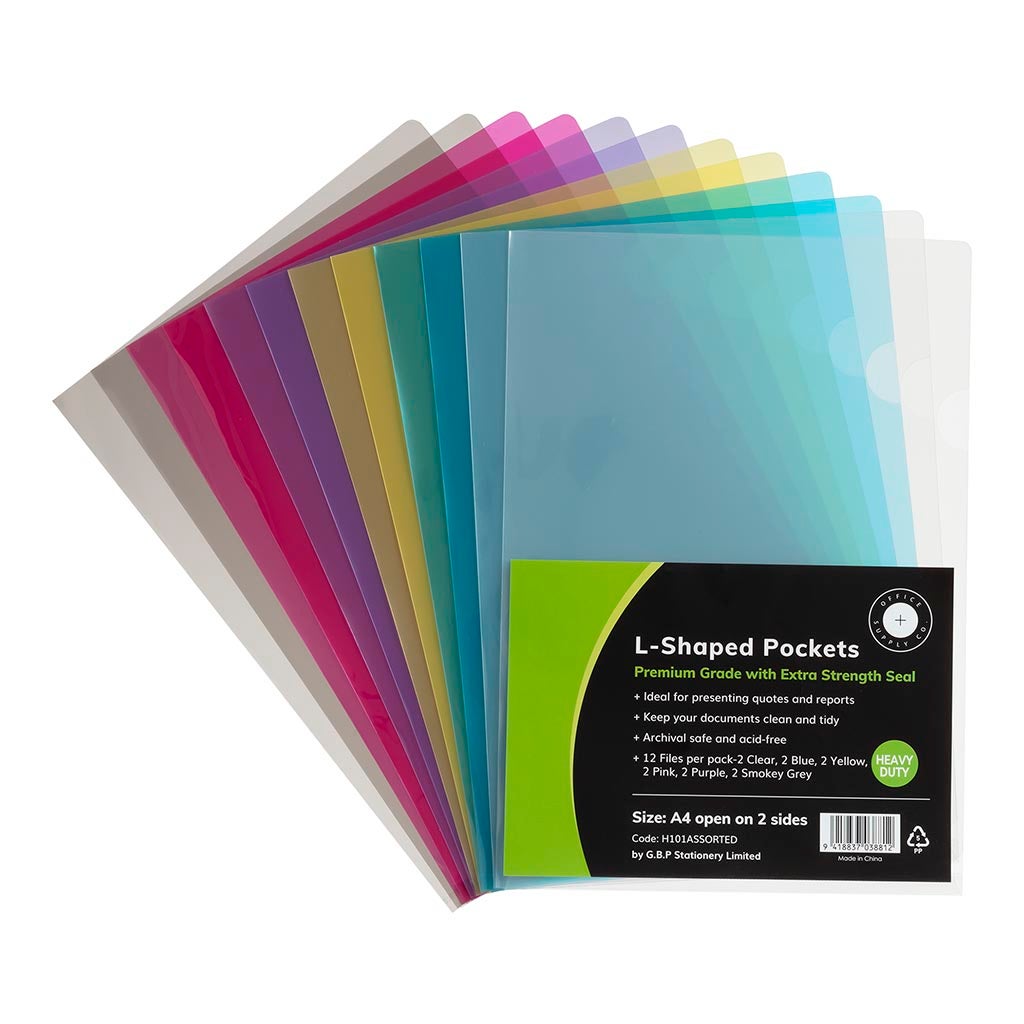 Okin A4 L-Shaped Pockets, Assorted Colours, 12 Pack | Paper Plus