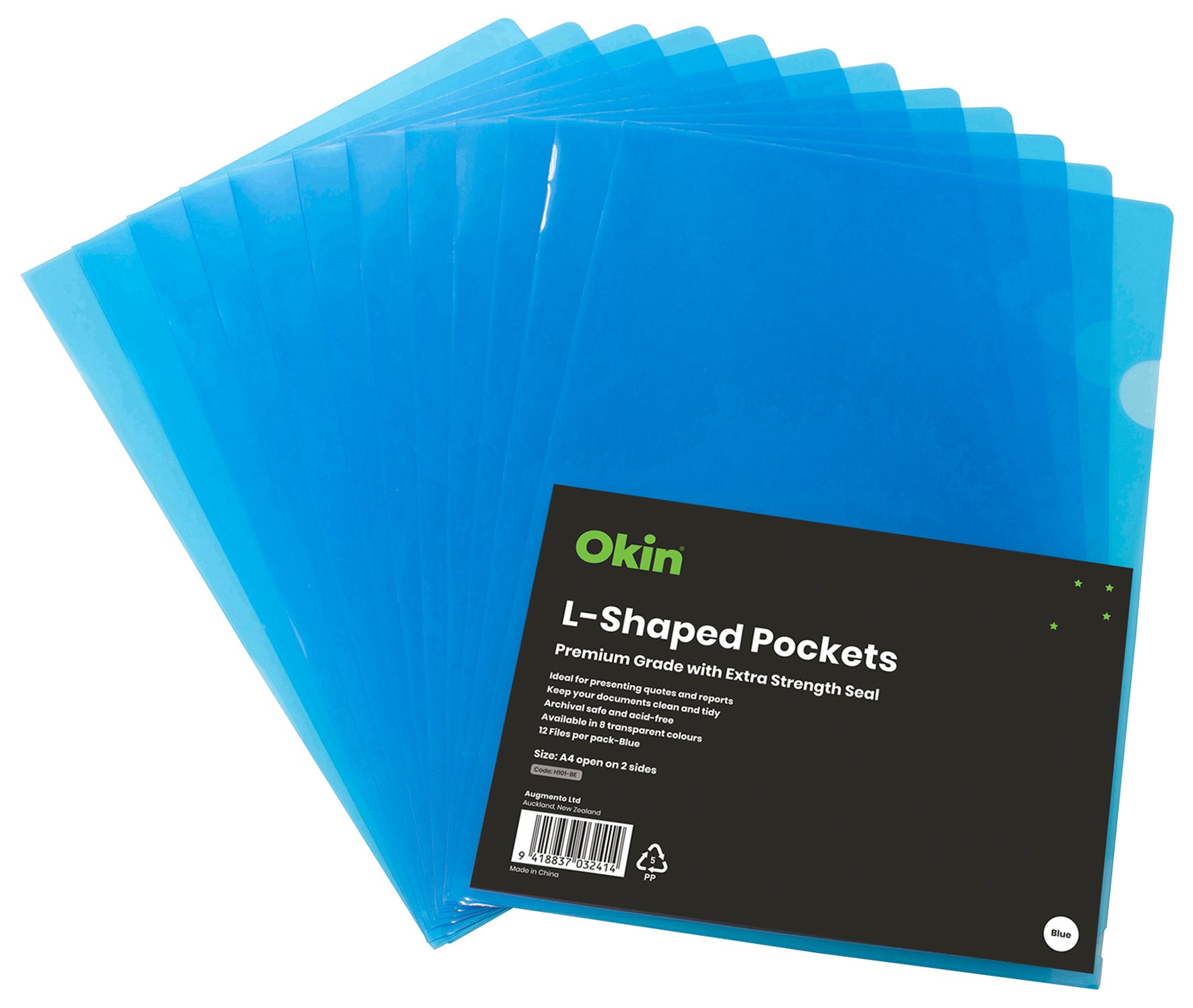 Okin A4 L-Shaped Pockets, Blue, 12 Pack | Paper Plus