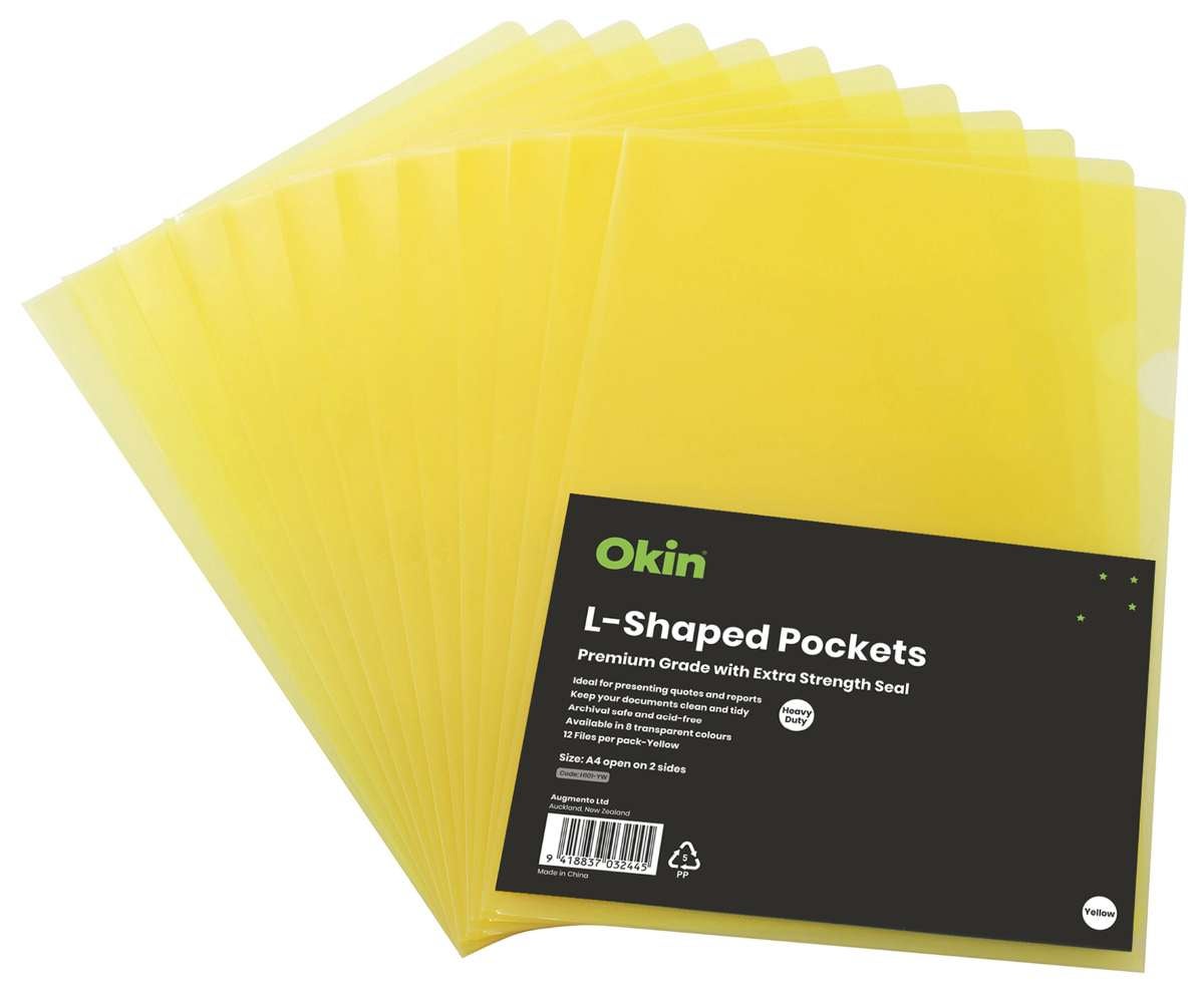 OSC/Okin A4 L-Shaped Pockets, Yellow, 12 Pack | Paper Plus