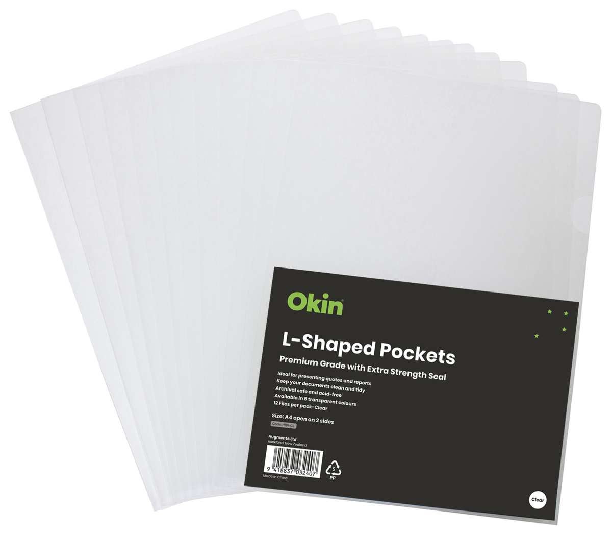 Okin A4 L-Shaped Pockets, Clear, 12 Pack | Paper Plus
