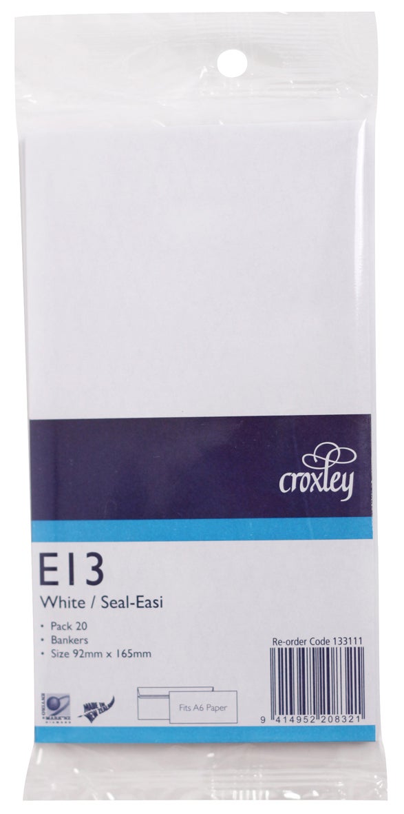 Croxley Envelopes E13 Seal Easi Non Window White Pack 20 | Paper Plus