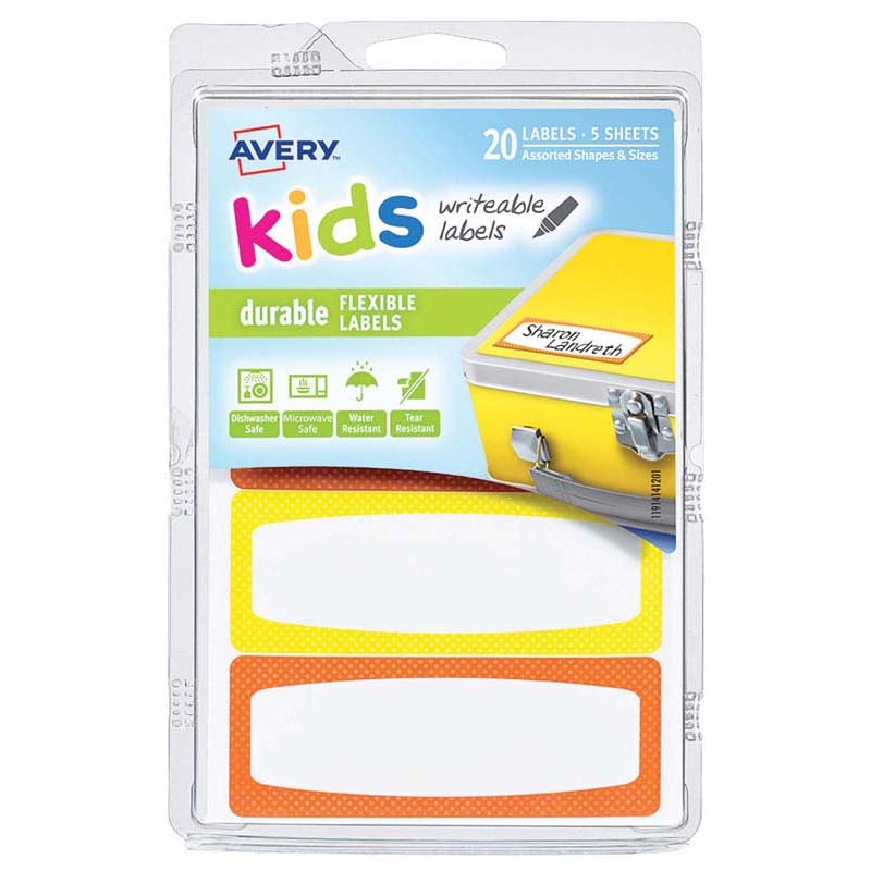 Avery Label Kids Durable Orange Yellow Neon Border 89x32mm 4up 5 Sheets ...