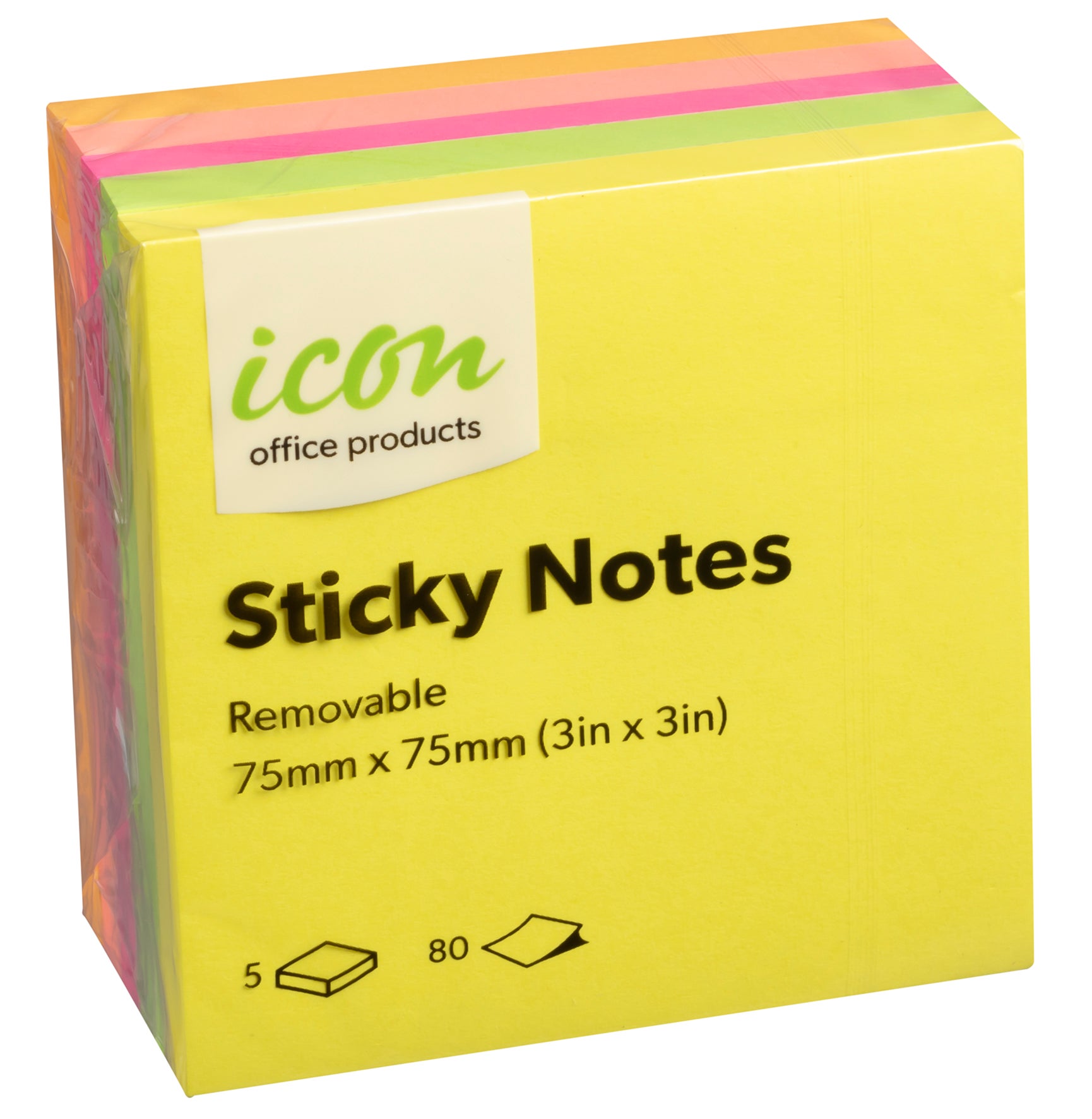 Icon/Okin Sticky Notes 75mm x 75mm Neon 5 Pack | Paper Plus