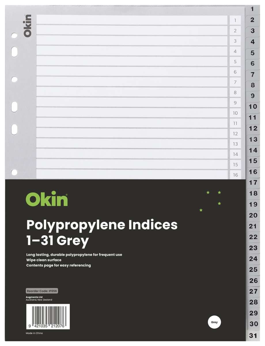 Icon A4 Polypropylene Indices Numbered 1-31 Grey | Paper Plus