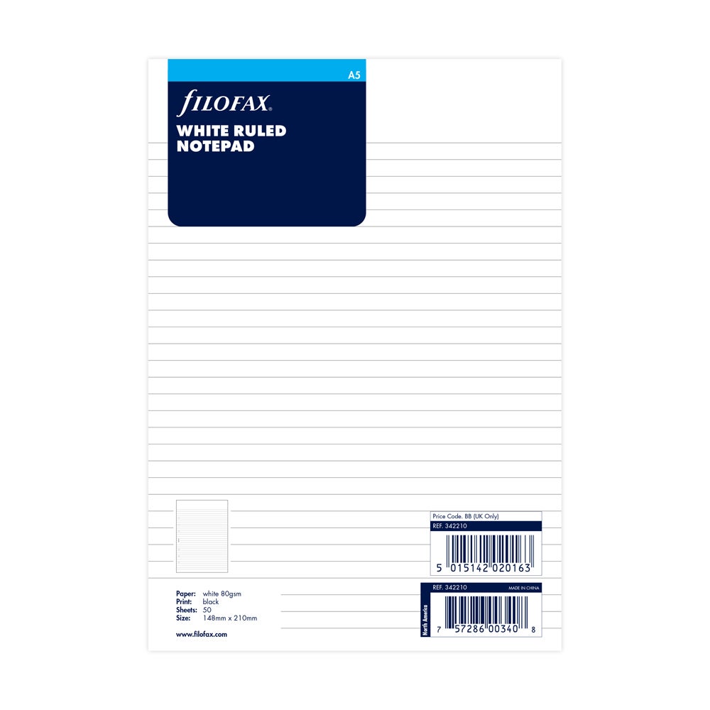 Filofax A5 White Lined Notepad Refill | Paper Plus