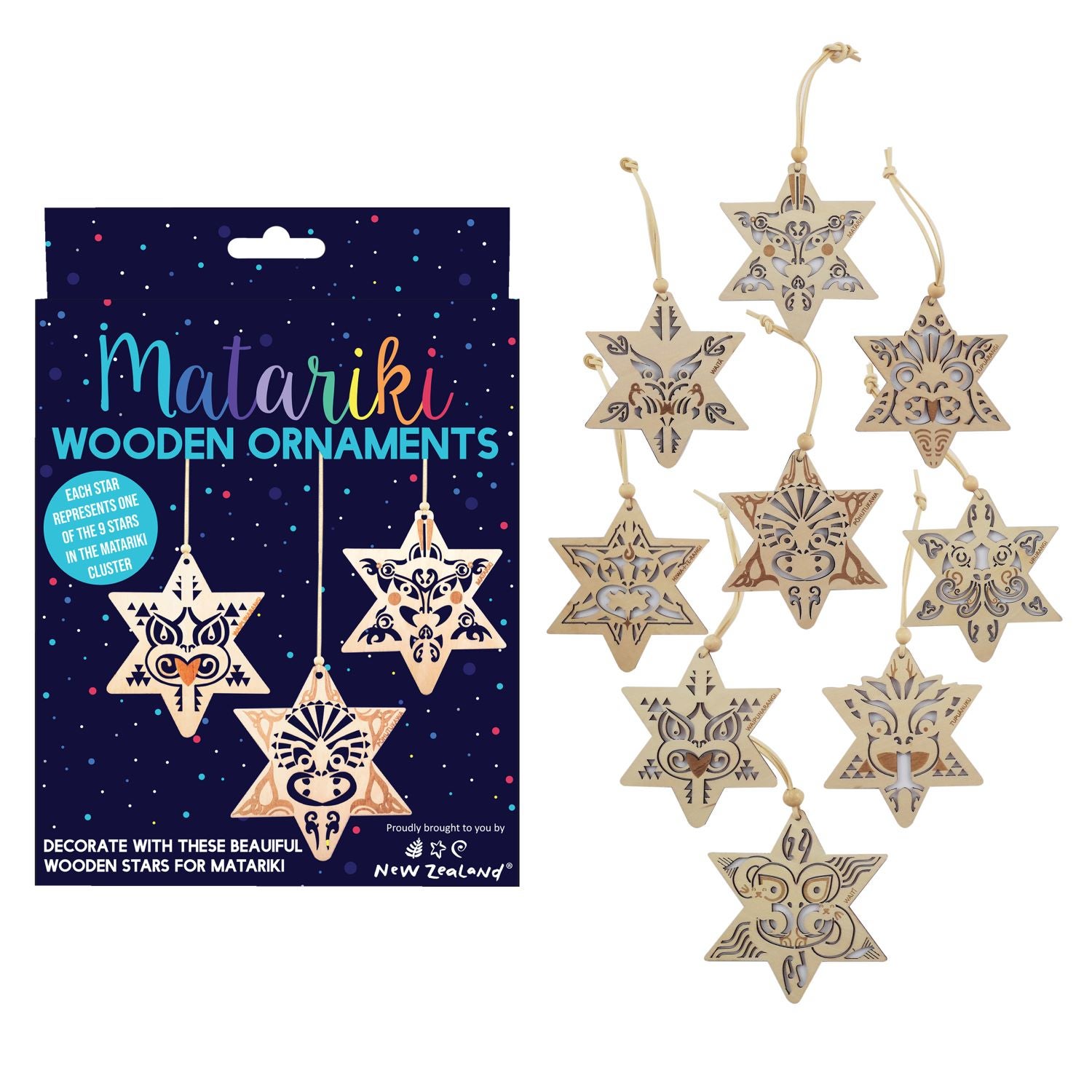 NZ Matariki Wooden Star Set 9pc | Paper Plus