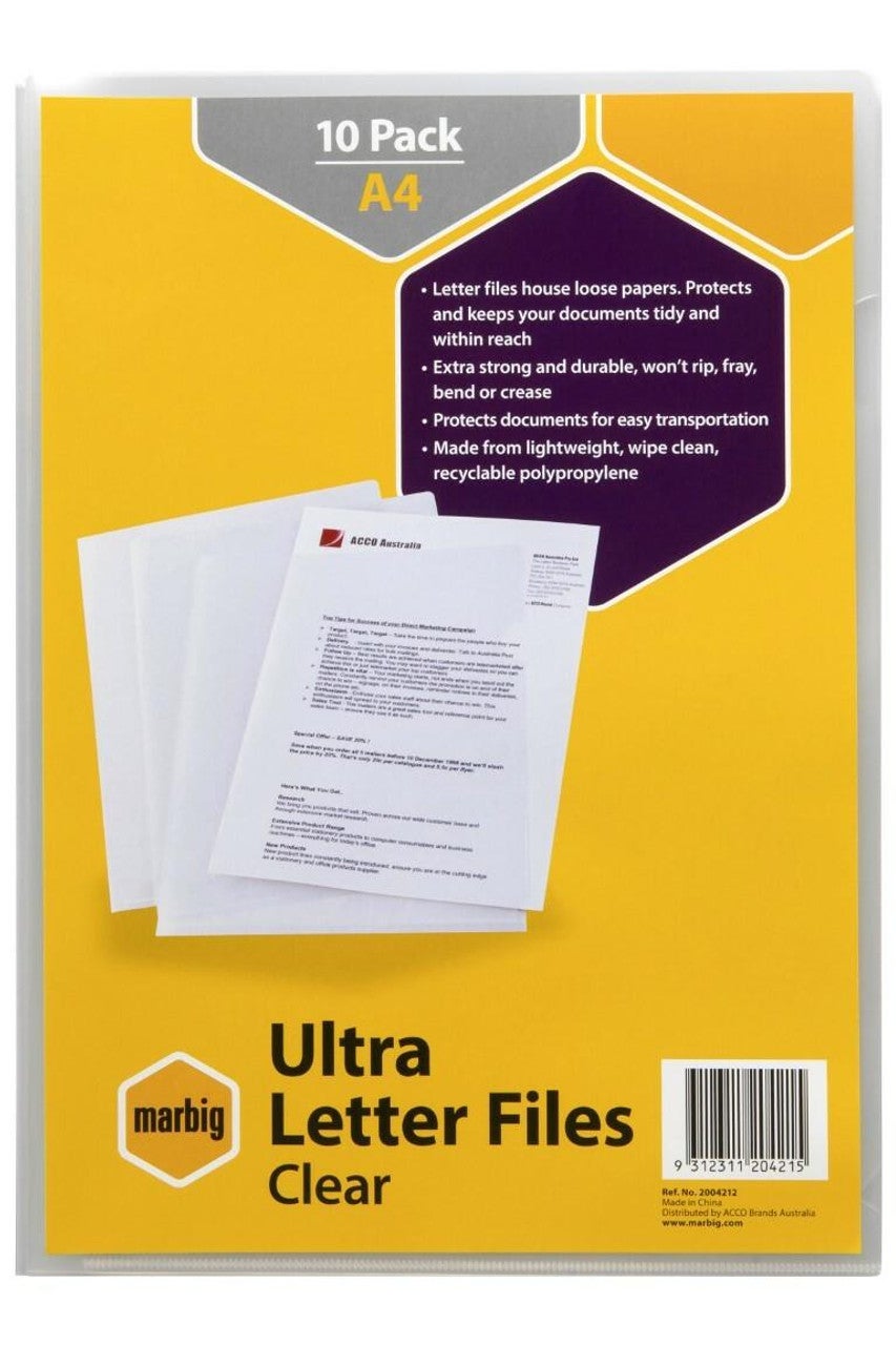 Marbig A4 Ultra Letter Files Clear 10 Pack | Paper Plus